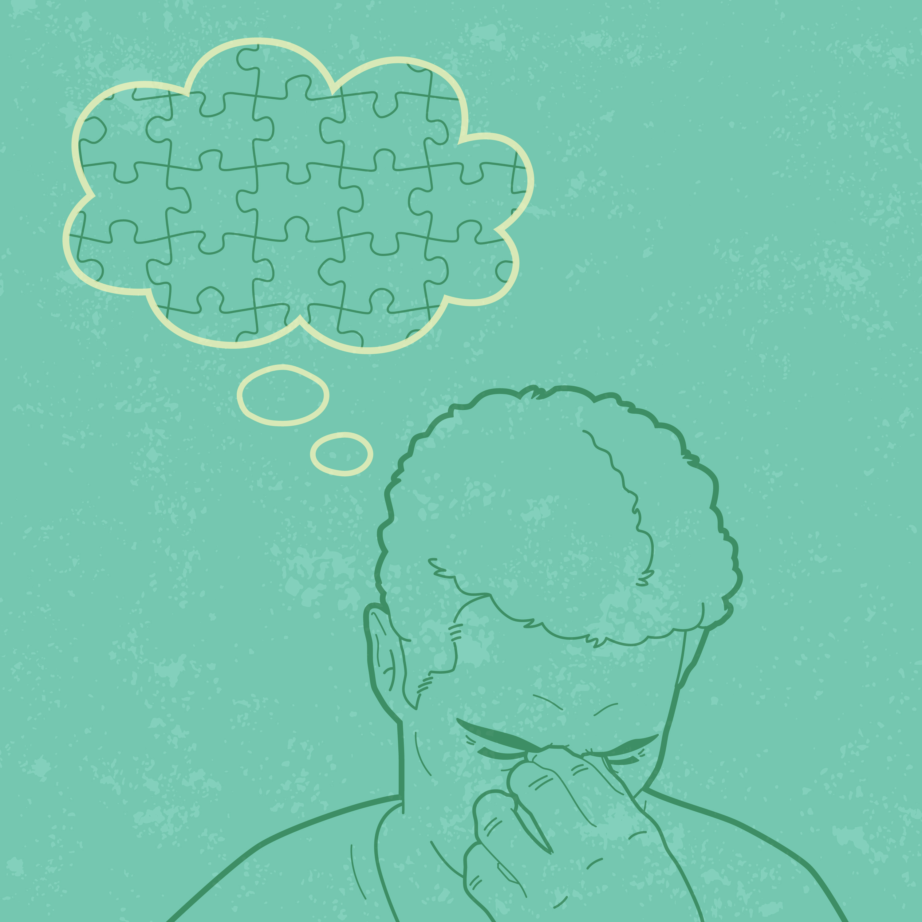 Graphic of person with thought bubble with puzzle pieces inside